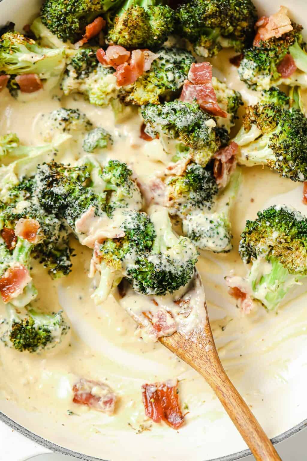 Keto Broccoli with Cheese Sauce and Bacon - Peace Love and Low Carb